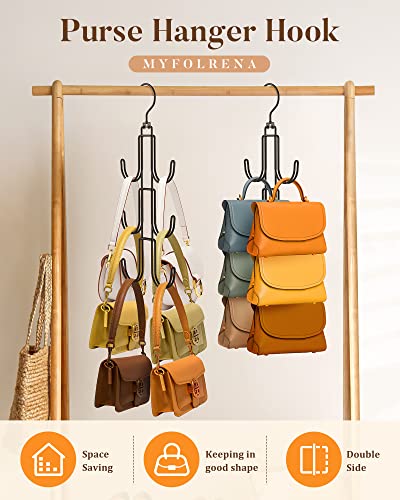 Purses Hanger Organizer for Closet 2 Pack, Myfolrena Metal Purse Holder for Closet Space Saving Bag Storage Hook for Hanging Handbags, Belts,Scarves,Tote,Hats,Clothes,Bags,Ties (Black)