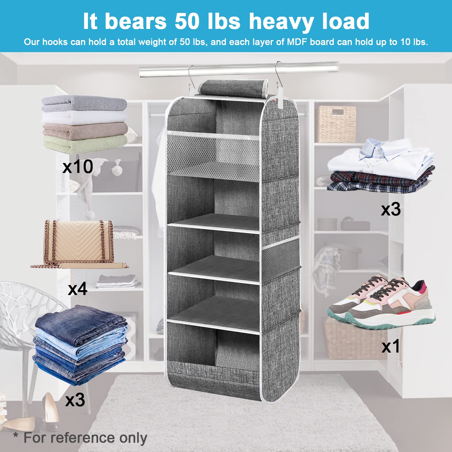 HMA Pro Hanging Closet Organizer and Storage (Heavy Duty) 5 Shelves Collapsible Hanging Closet Shelves Hanging Organizer for Closet, Camper and RV, Strong MDF Material on All Shelves.