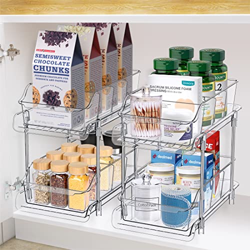 Bathroom Storage Organizer with Dividers, 2 Tier Multi-Purpose Kitchen Under Sink Organizers and Storage Slide-Out, Closet Organization, Kitchen Pantry Cabinet Medicine Bins