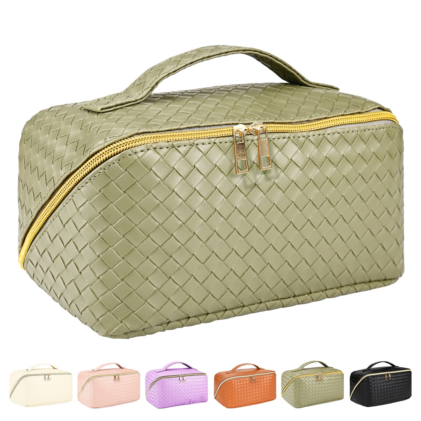 SOIDRAM Large Capacity Travel Cosmetic Bag Makeup Bag Leather Makeup Bag Organizer Women Portable Toiletry Bag Flat Lay Everything Cosmetic Bag Green