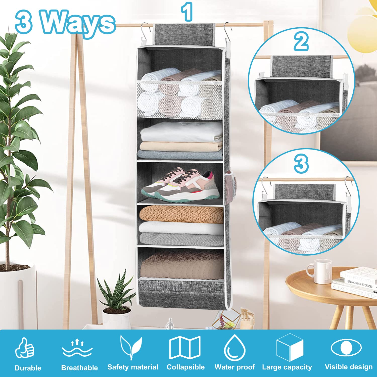 HMA Pro Hanging Closet Organizer and Storage (Heavy Duty) 5 Shelves Collapsible Hanging Closet Shelves Hanging Organizer for Closet, Camper and RV, Strong MDF Material on All Shelves.
