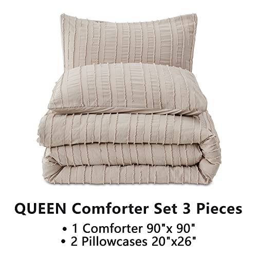 Andency Khaki Comforter Set Queen Size, 3 Pieces Tufted Boho Comforter Set for Queen Bed, Lightweight Fluffy Bedding Set for All Seasons (90x90 Comforter & 2 Pillowcases)