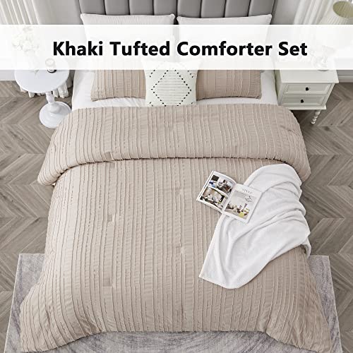 Andency Khaki Comforter Set Queen Size, 3 Pieces Tufted Boho Comforter Set for Queen Bed, Lightweight Fluffy Bedding Set for All Seasons (90x90 Comforter & 2 Pillowcases)