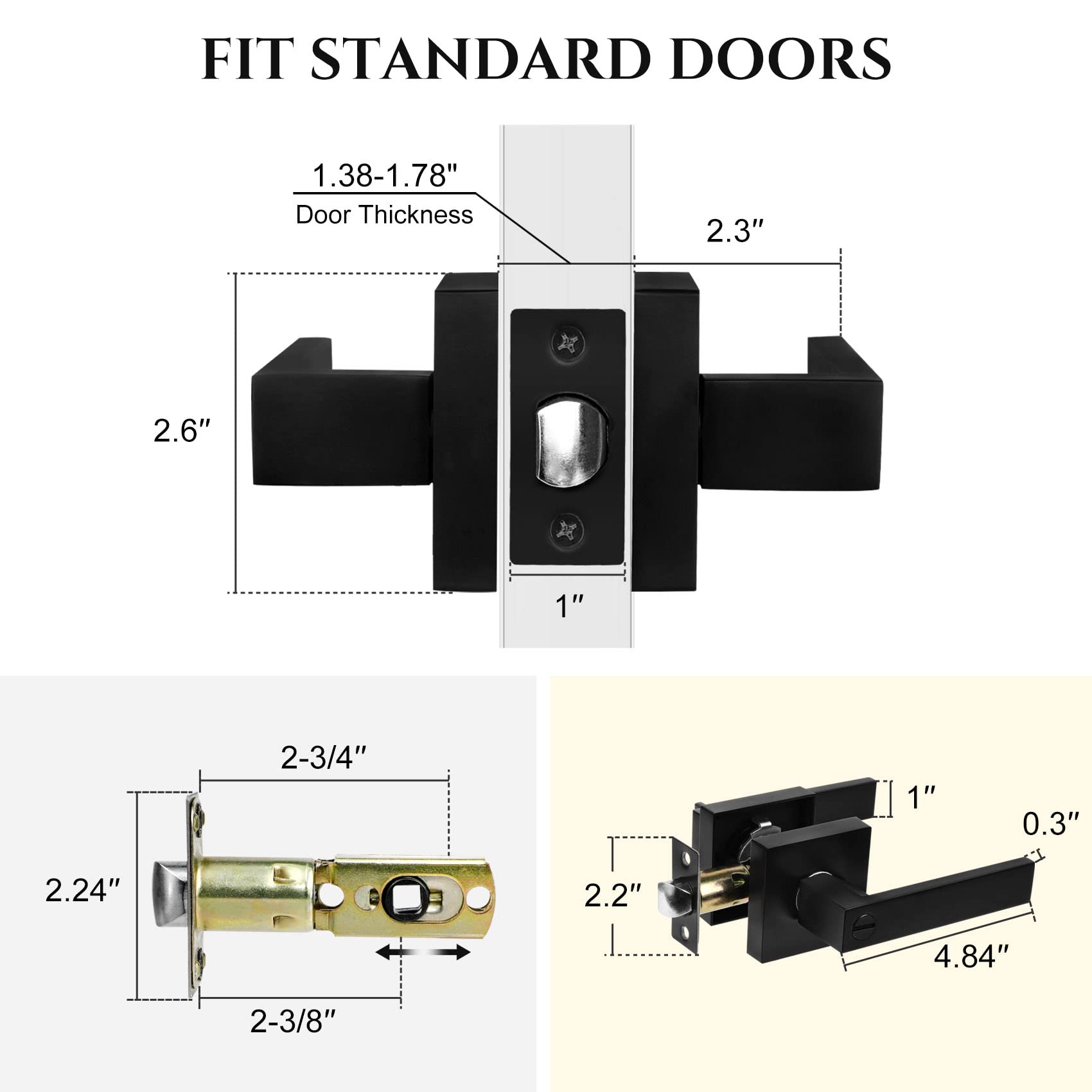 Betollo 3 Pack Black Interior Door Handles, Passage Door Handle Non-Locking for Hallway & Closet, Reversible Handles Set for Left & Right Door