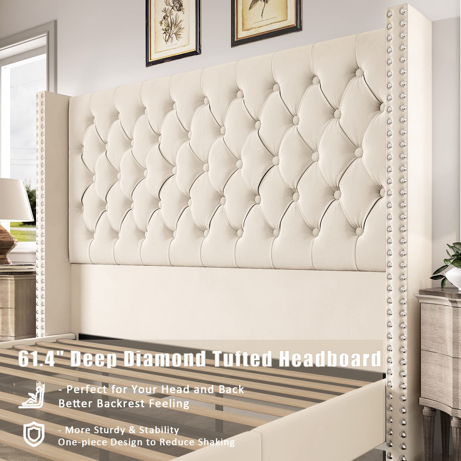 PaPaJet Queen Bed Frame 61.4" Tall Headboard Upholstered Velvet Platform Bed with Handmade Deep Button Tufted/No Box Spring Required/Cream