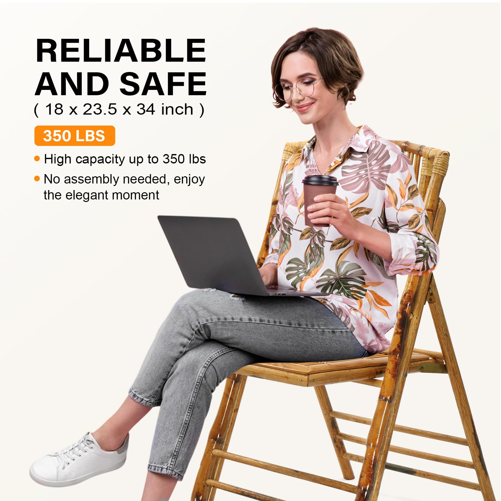 VINGLI Bamboo Folding Chair, Foldable Dining Wood Chairs Comfortable Seat for Outdoor & Indoor, Patio, Porch, Wedding, Party, Event, 4 Pack