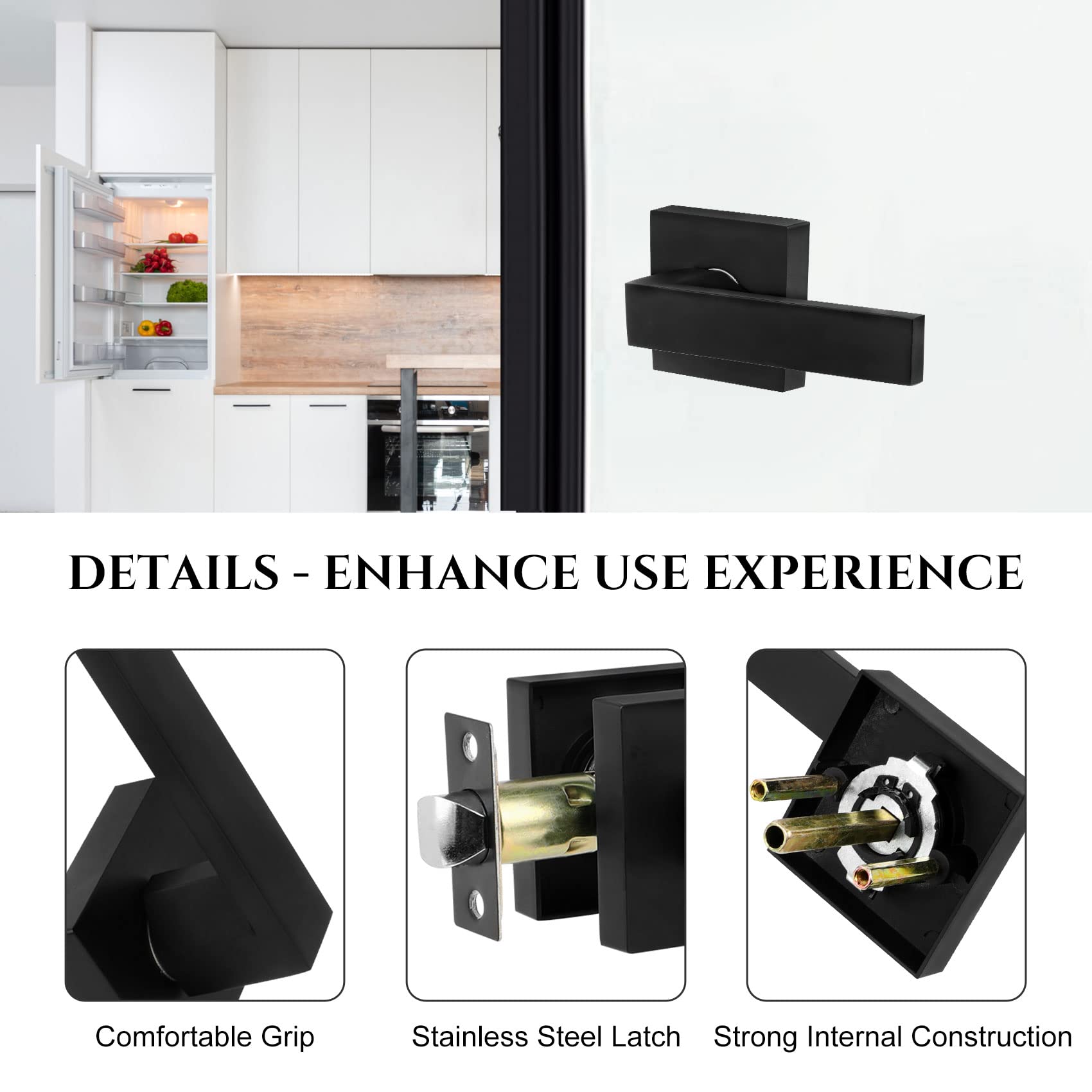 Betollo 3 Pack Black Interior Door Handles, Passage Door Handle Non-Locking for Hallway & Closet, Reversible Handles Set for Left & Right Door