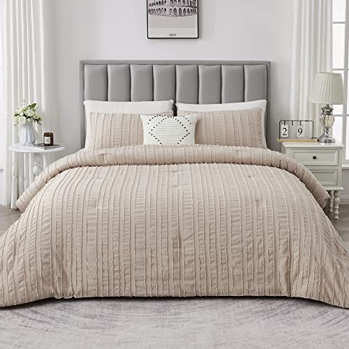 Andency Khaki Comforter Set Queen Size, 3 Pieces Tufted Boho Comforter Set for Queen Bed, Lightweight Fluffy Bedding Set for All Seasons (90x90 Comforter & 2 Pillowcases)