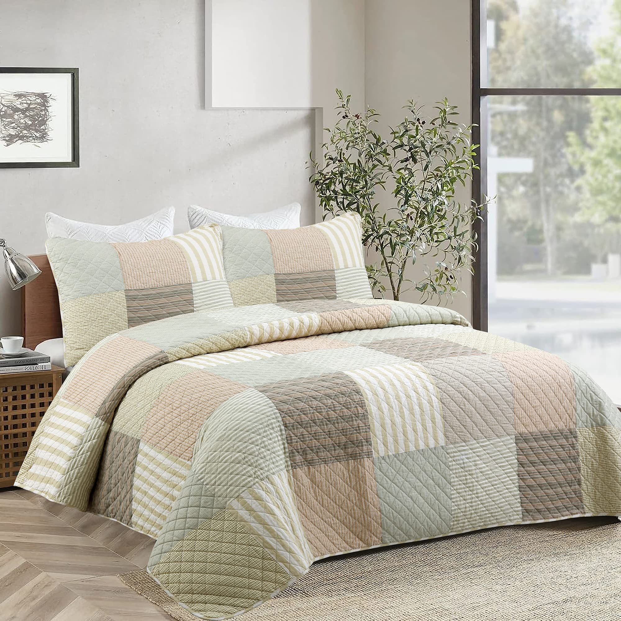 Cozy Line Home Fashions Earth Tone Brown Tan Beige Stripe Checker Patchwork Cotton Reversible 3 Piece Quilt Bedding Set