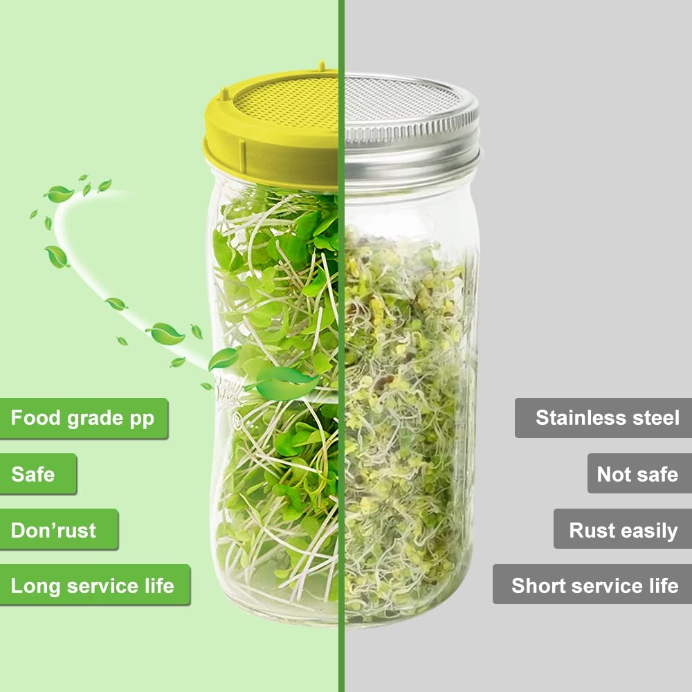 Picowe Plastic Sprouting Lids, Sprouting Jar Strainer Lid, for 86mm Wide Mouth Mason Jars, Canning Jars, Suit for Grow Bean Sprouts, Alfalfa, Salad Sprouts(8 Pack,Yellow)