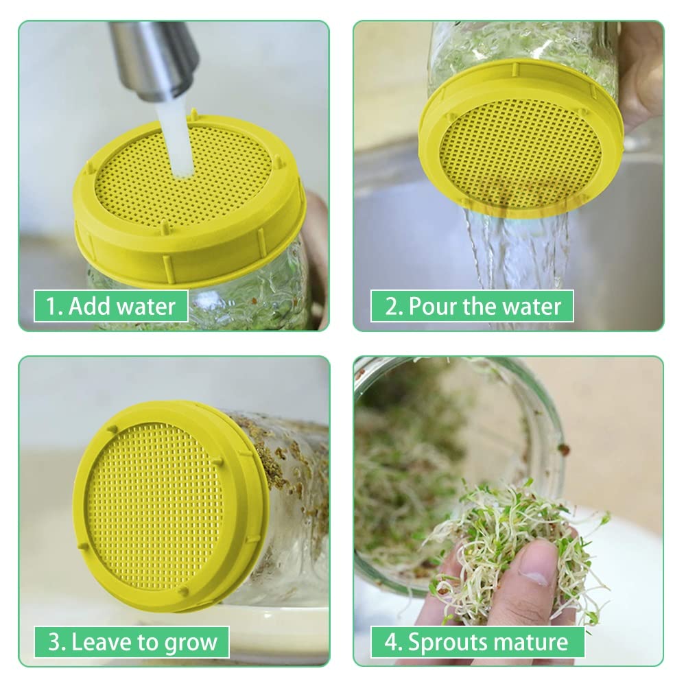 Picowe Plastic Sprouting Lids, Sprouting Jar Strainer Lid, for 86mm Wide Mouth Mason Jars, Canning Jars, Suit for Grow Bean Sprouts, Alfalfa, Salad Sprouts(8 Pack,Yellow)