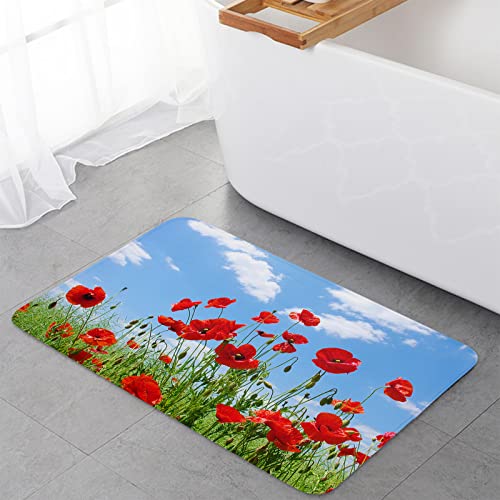 Door Mat Red Flowers Memory Foam Cushioned Kitchen Rug, 16x24 Inch Water Absorbent Soft Touch Standing Mat for Bathroom, Office, Sink, Laundry, Home Green Leaves Blue Sky Landscape Texture