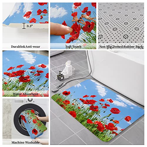 Door Mat Red Flowers Memory Foam Cushioned Kitchen Rug, 16x24 Inch Water Absorbent Soft Touch Standing Mat for Bathroom, Office, Sink, Laundry, Home Green Leaves Blue Sky Landscape Texture