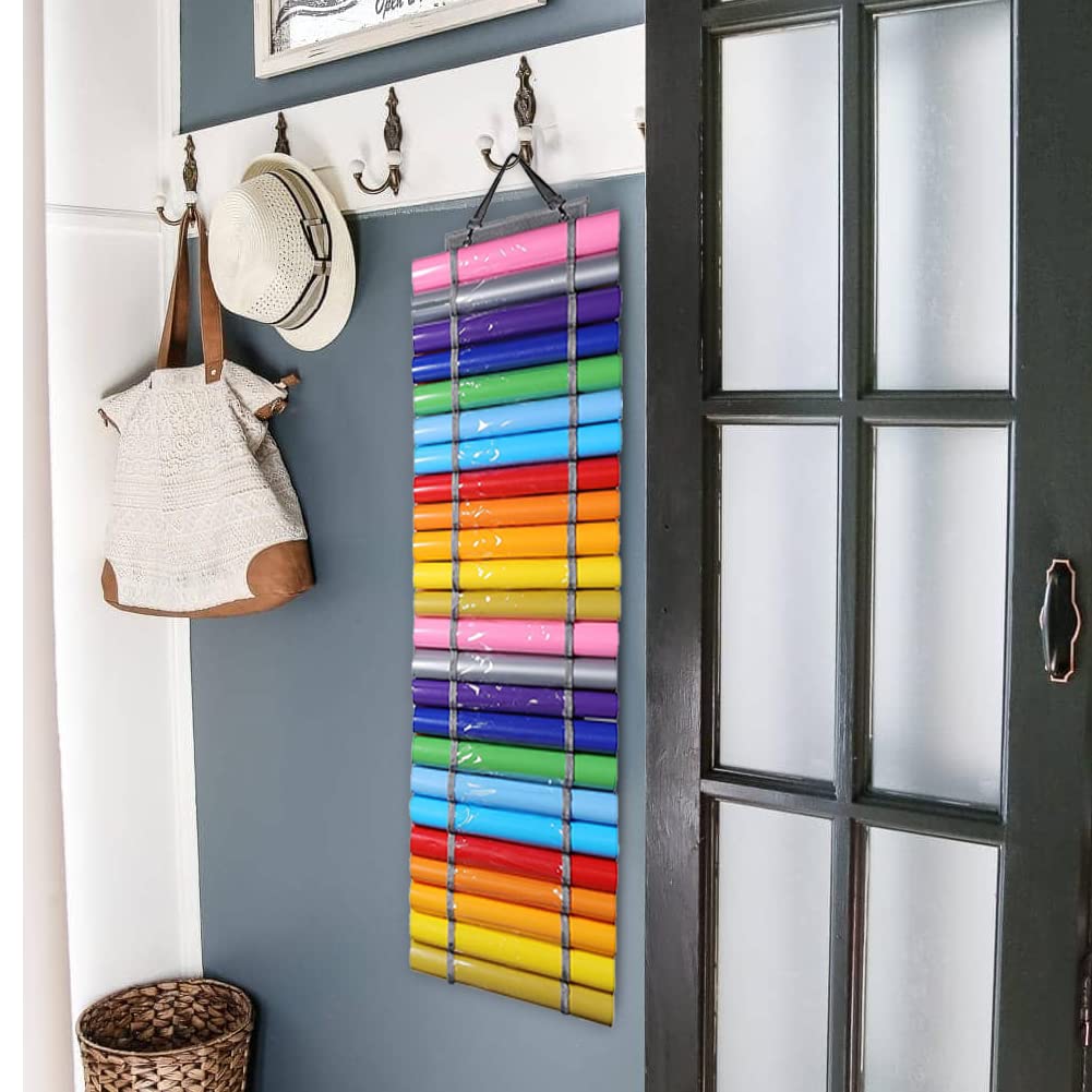 Pilarmuture Vinyl Roll Holder with 24 Compartments, Vinyl Storage Organizer Rack Wall Mount/Hanging Over The Door,Craft Vinyl Roll Storage with Upgrade Door Hooks and Strap for Craft Room(Grey)