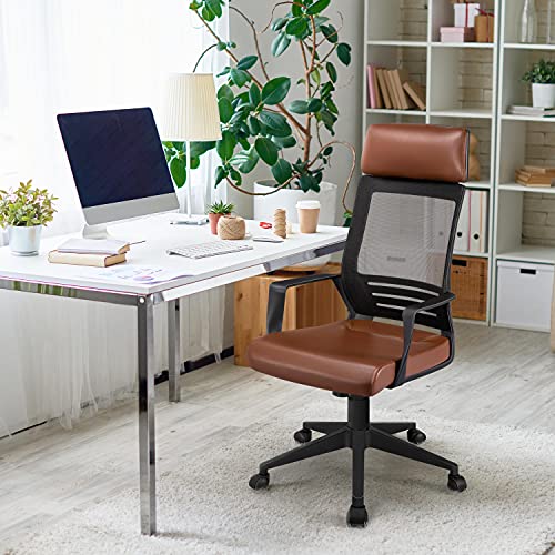 Yaheetech Mesh Leather Executive Chair with Lumbar Support, Office Chair Ergonomic Desk Chair High Back Mesh Computer Chair with Backrest and Headrest, Task Chair with Wheels for Women Adults, Brown