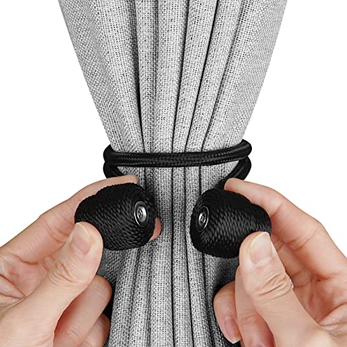Ohtomber Magnetic Curtain Tiebacks Black 4 Pack, Curtain Tie Backs Holdbacks Holders Hooks Clip Buckles for Curtains Drapes, Curtain Ties for Home Bedroom Office Decorative Curtain
