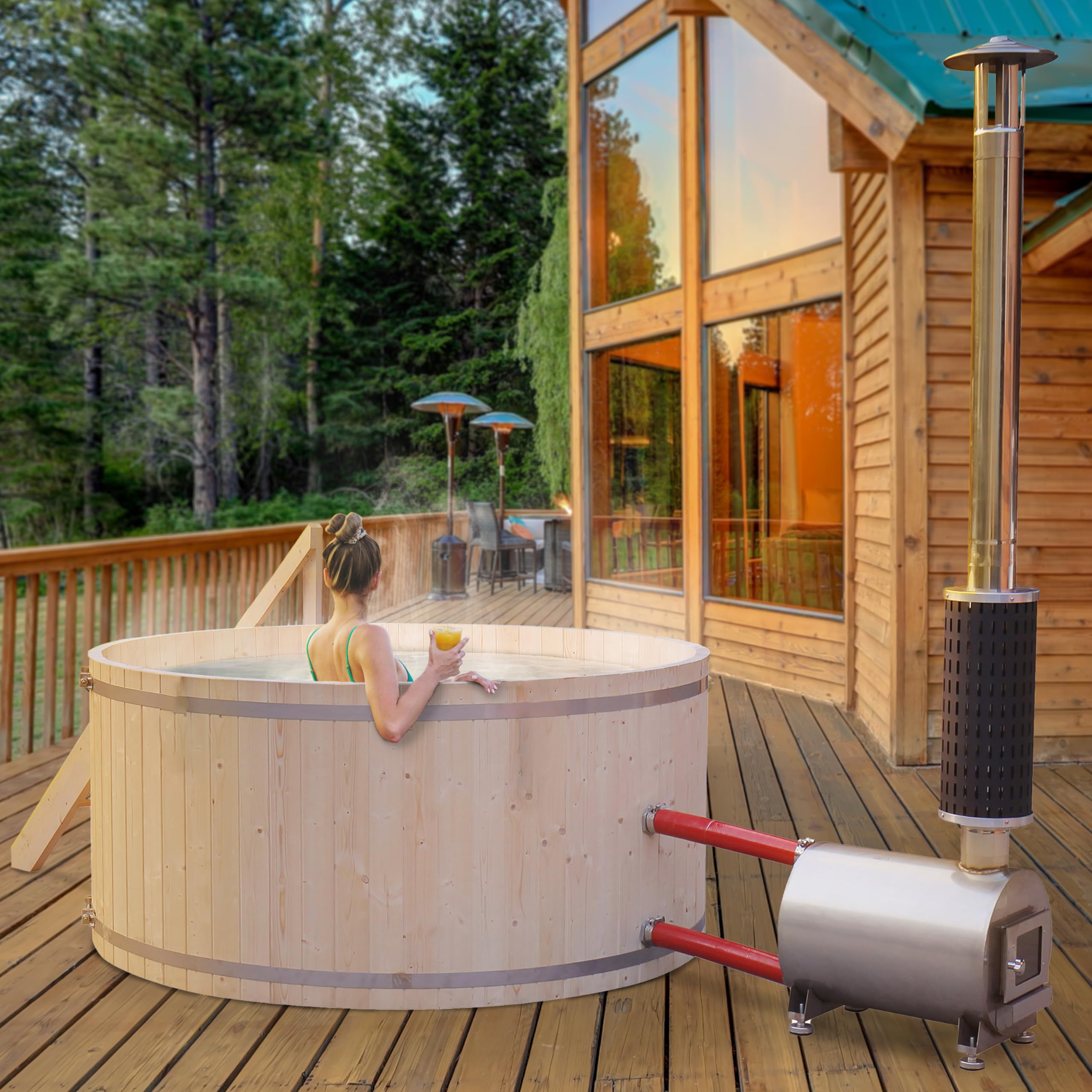 Wood-Fired Hot Tub and Ice Bath | Wood-Burning Hot Tub | Cold-Plunge Tub | 4-5 Person | 422 Water Gallon Capacity | Pine