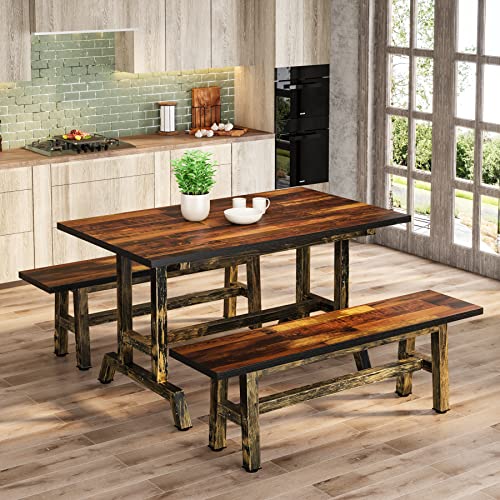 Tribesigns 47 Inch Dining Table Set for 4, 3-Piece Kitchen Table Set with 2 Benches, Industrial Dining Room Table with Metal Frame, Space-Saving Dinette for Dining Room Small Spaces, Brown