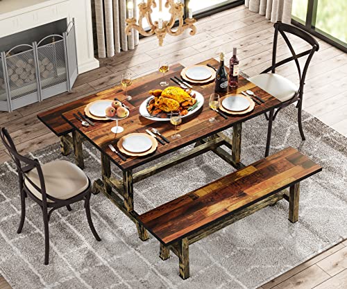 Tribesigns 47 Inch Dining Table Set for 4, 3-Piece Kitchen Table Set with 2 Benches, Industrial Dining Room Table with Metal Frame, Space-Saving Dinette for Dining Room Small Spaces, Brown
