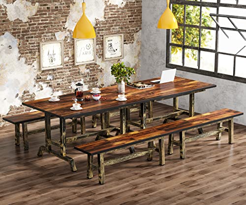 Tribesigns 47 Inch Dining Table Set for 4, 3-Piece Kitchen Table Set with 2 Benches, Industrial Dining Room Table with Metal Frame, Space-Saving Dinette for Dining Room Small Spaces, Brown