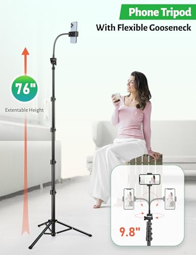 Nineigh Tripod for Cell Phone, 76" Phone Tripod with Gooseneck & Remote, Selfie Stick Portable Tripods Video Recording Photo Vlog, Compatible with iPhone Plus Cellphone Camera