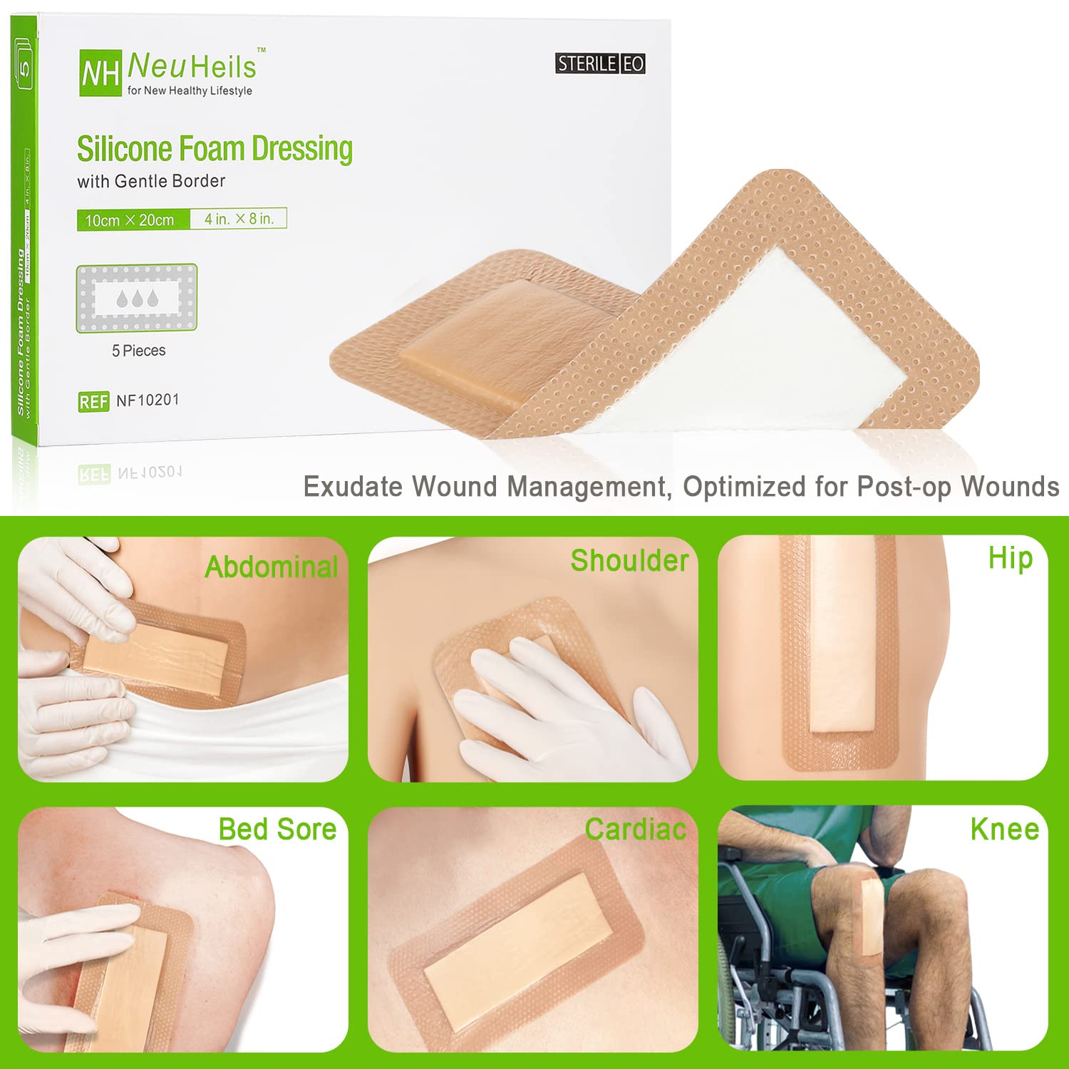 Silicone Foam Dressing with Gentle Border for Post-op Surgical Wounds 4''x8'', Absorbent Pad 2''x6'', Pack of 5, Silicone Wound Bandages for Cuts, Abrasions, Bed Sore, Pressure Ulcer