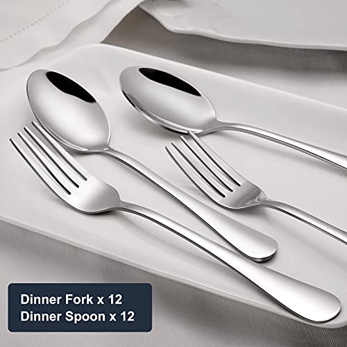 24-piece Forks and Spoons Silverware Set, Food Grade Stainless Steel Flatware Cutlery Set for Home, Kitchen and Restaurant, Mirror Polished, Dishwasher Safe
