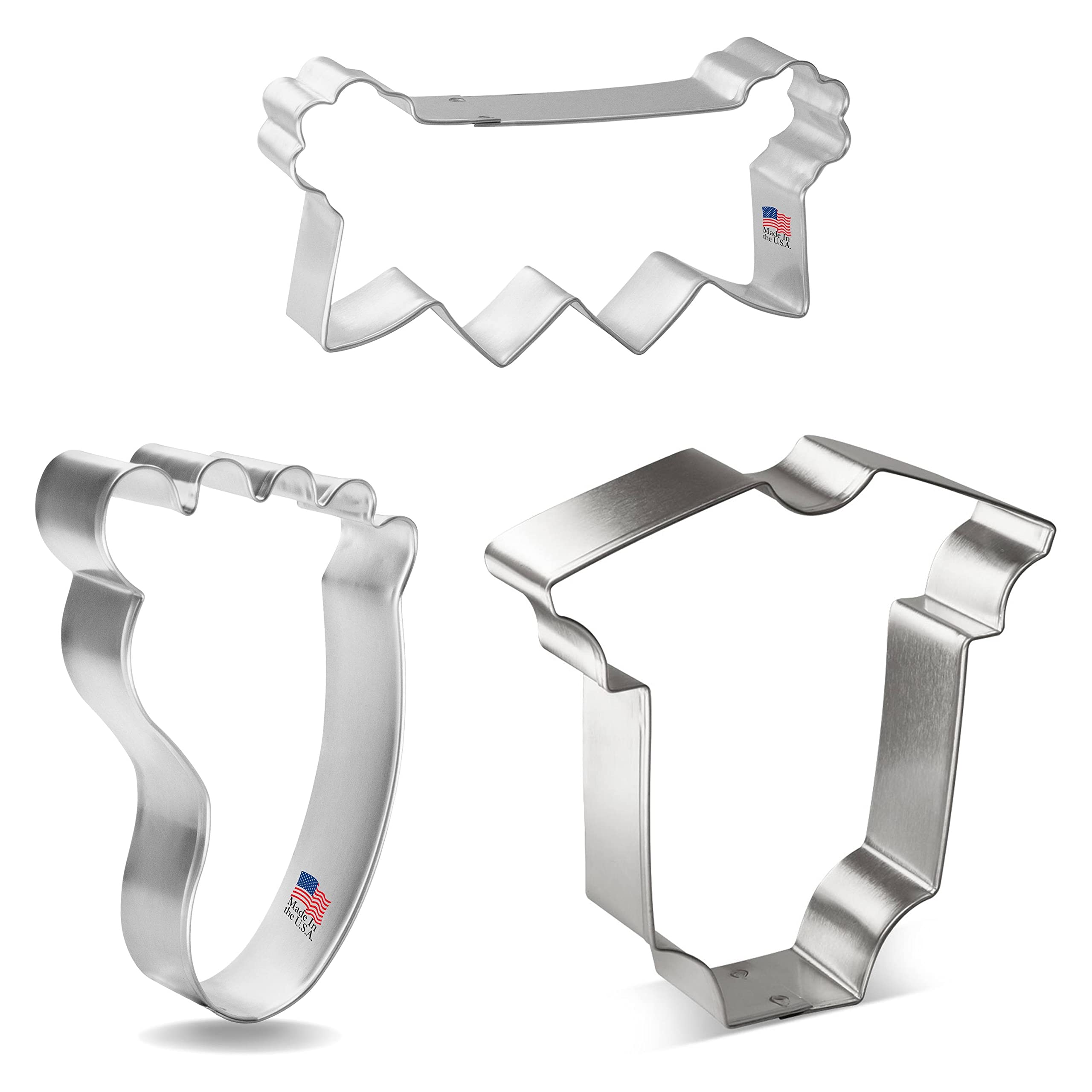 Foose Brand Cookie Cutters Baby Cookie Cutter 3 Piece Set, 4 in, Banner, Bodysuit, Tin Plate Steel, USA