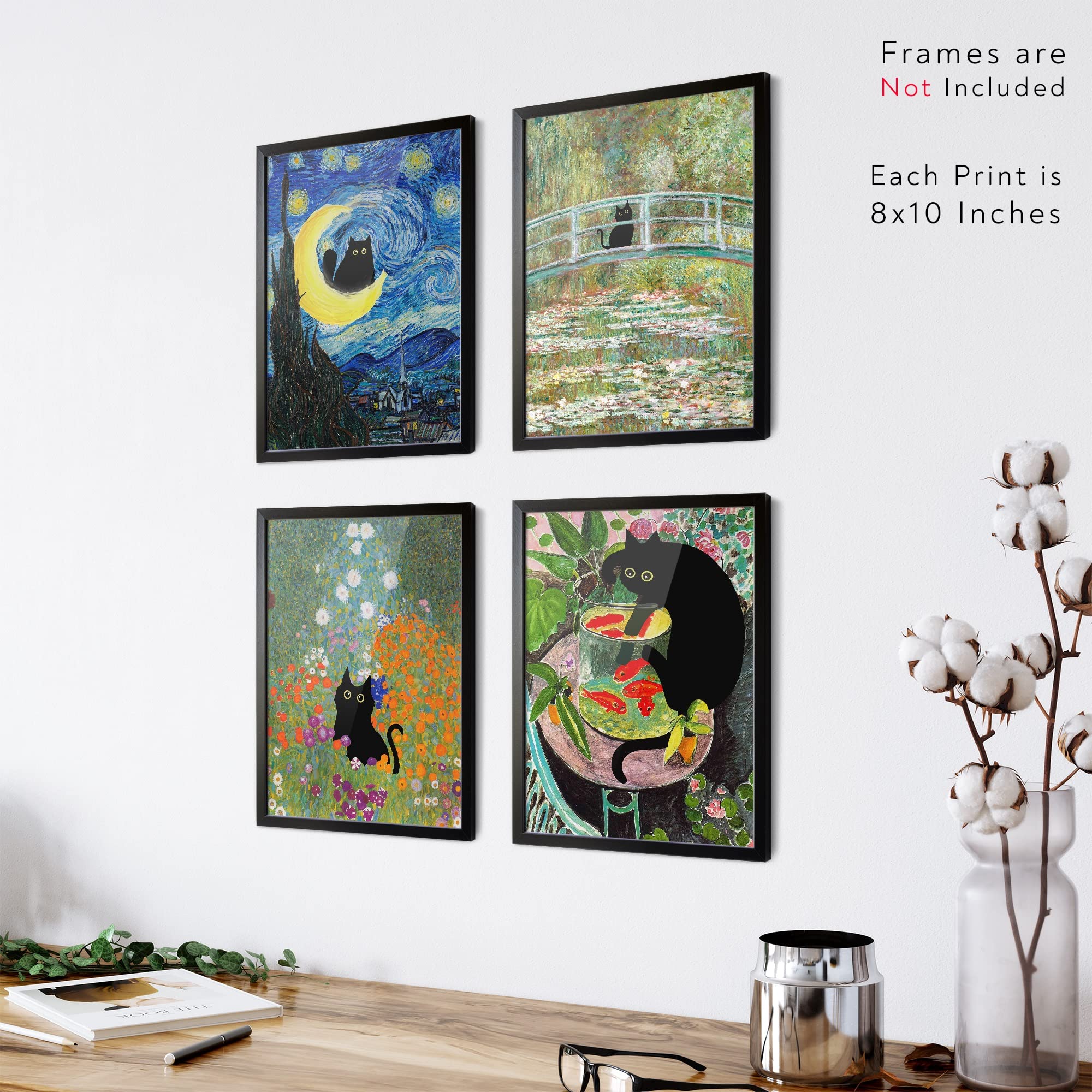 Famous Artists Wall Art Prints, Set of 4, Unframed, Size 8x10 Inch (Black Cat 2)