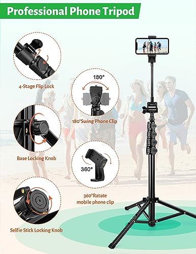 Nineigh Tripod for Cell Phone, 76" Phone Tripod with Gooseneck & Remote, Selfie Stick Portable Tripods Video Recording Photo Vlog, Compatible with iPhone Plus Cellphone Camera