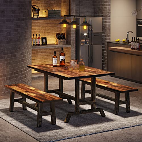 Tribesigns 47 Inch Dining Table Set for 4, 3-Piece Kitchen Table Set with 2 Benches, Industrial Dining Room Table with Metal Frame, Space-Saving Dinette for Dining Room Small Spaces, Brown