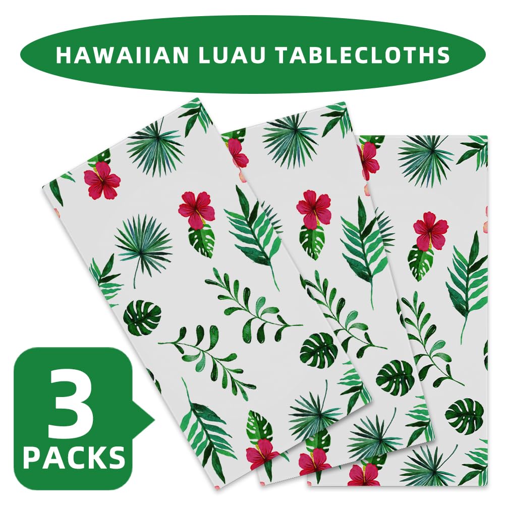 Labeol Hawaiian Tablecloth, 3 PCS Hawaiian Luau Palm Leaves Disposable Plastic Rectangular Tablecloths, Tropical Party Decorations for Summer Beach Dining Birthday Party Supplies