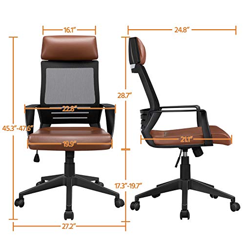Yaheetech Mesh Leather Executive Chair with Lumbar Support, Office Chair Ergonomic Desk Chair High Back Mesh Computer Chair with Backrest and Headrest, Task Chair with Wheels for Women Adults, Brown