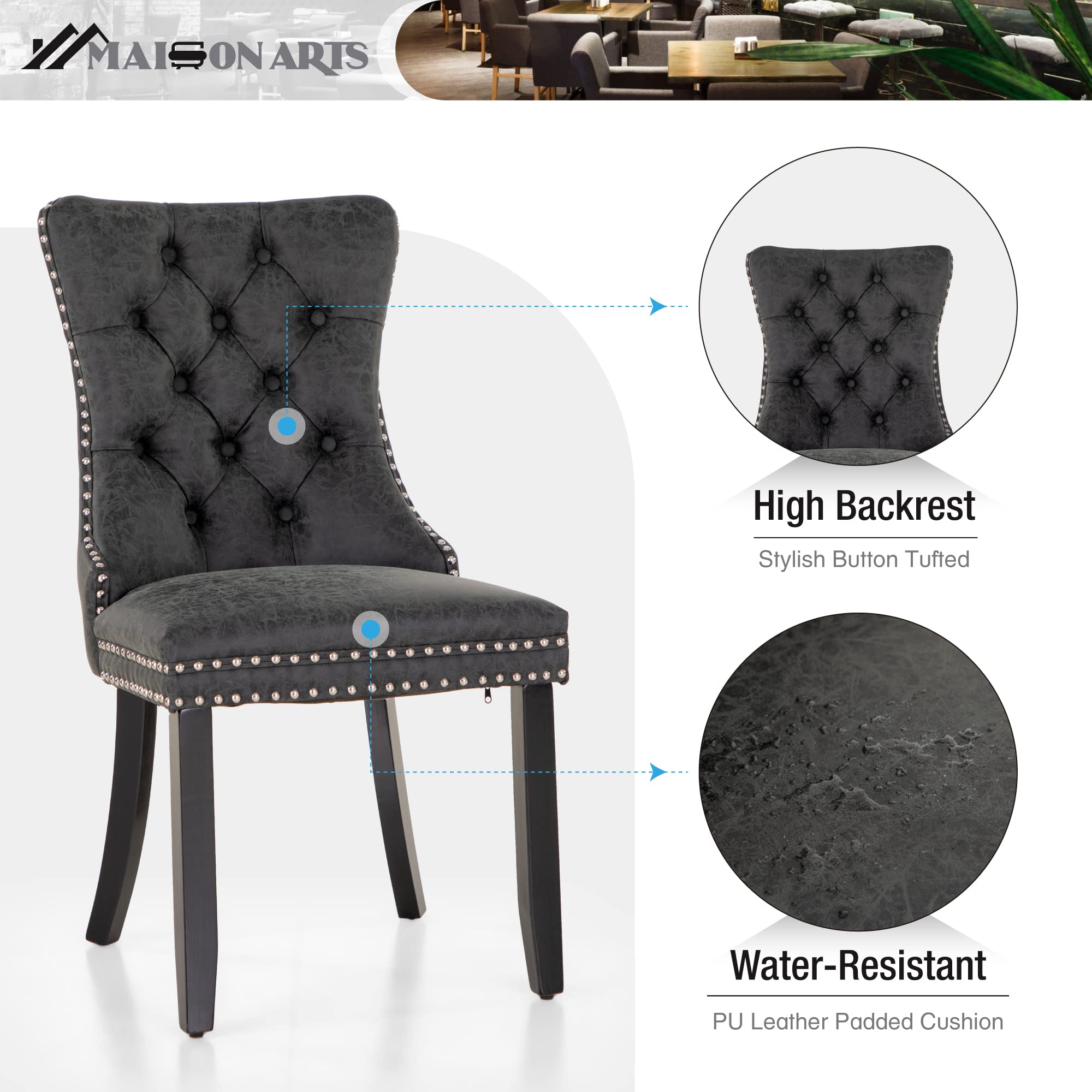MAISON ARTS Faux Leather Dining Chairs Set of 6, Upholstered Tufted Dining Room Chair with Pull Ring Trim & Button Back Modern Diner Chairs Solid Wood Legs for Kitchen Dining Room, Black