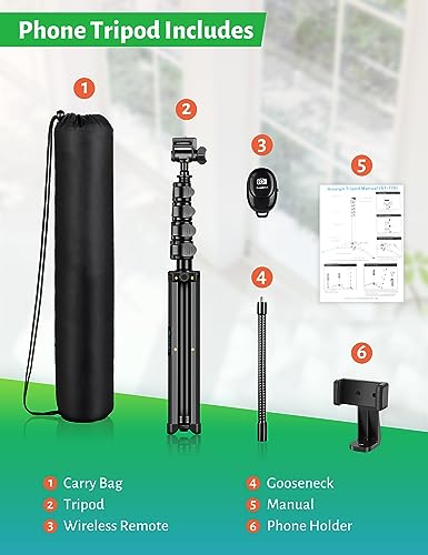 Nineigh Tripod for Cell Phone, 76" Phone Tripod with Gooseneck & Remote, Selfie Stick Portable Tripods Video Recording Photo Vlog, Compatible with iPhone Plus Cellphone Camera