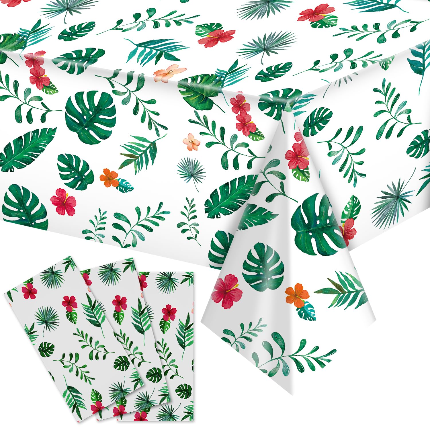 Labeol Hawaiian Tablecloth, 3 PCS Hawaiian Luau Palm Leaves Disposable Plastic Rectangular Tablecloths, Tropical Party Decorations for Summer Beach Dining Birthday Party Supplies