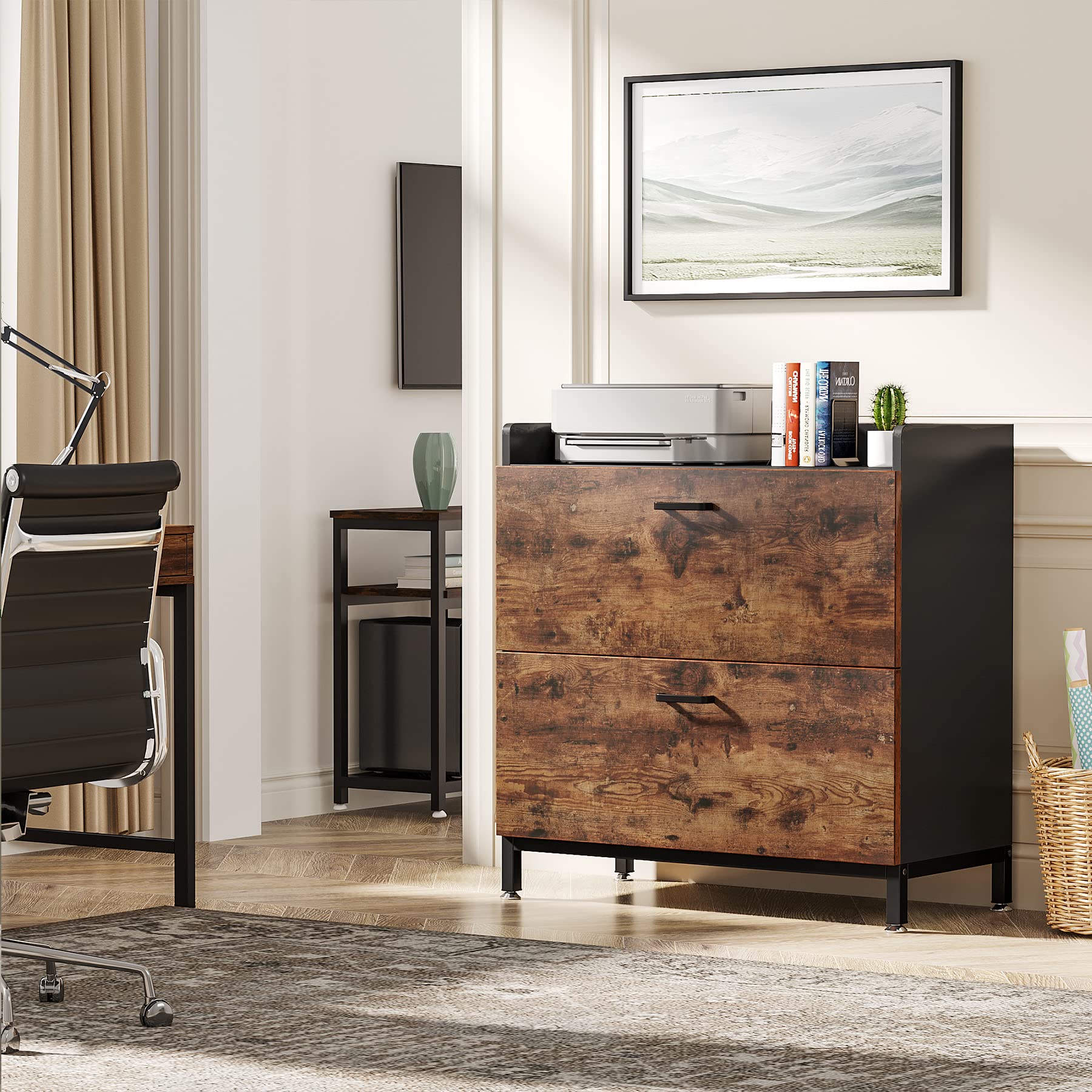 Tribesigns Lateral File Cabinets, 2 Drawer Filing Cabinets for Home Office, Industrial Wood Wide Filing Organization Storage Cabinets for Files Letter/Legal/F4/A4 Size(Rustic Brown)