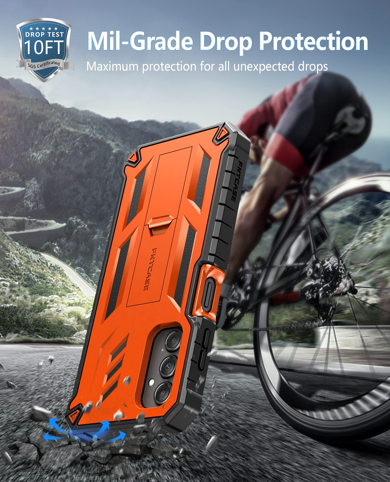 FNTCASE for Samsung Galaxy A14-5G Case: Dual-Layer Protective Textured Shockproof Rugged TPU Cover with Kickstand | Military Grade Drop Protection | Heavy Duty Cell Phone Protector - Orange