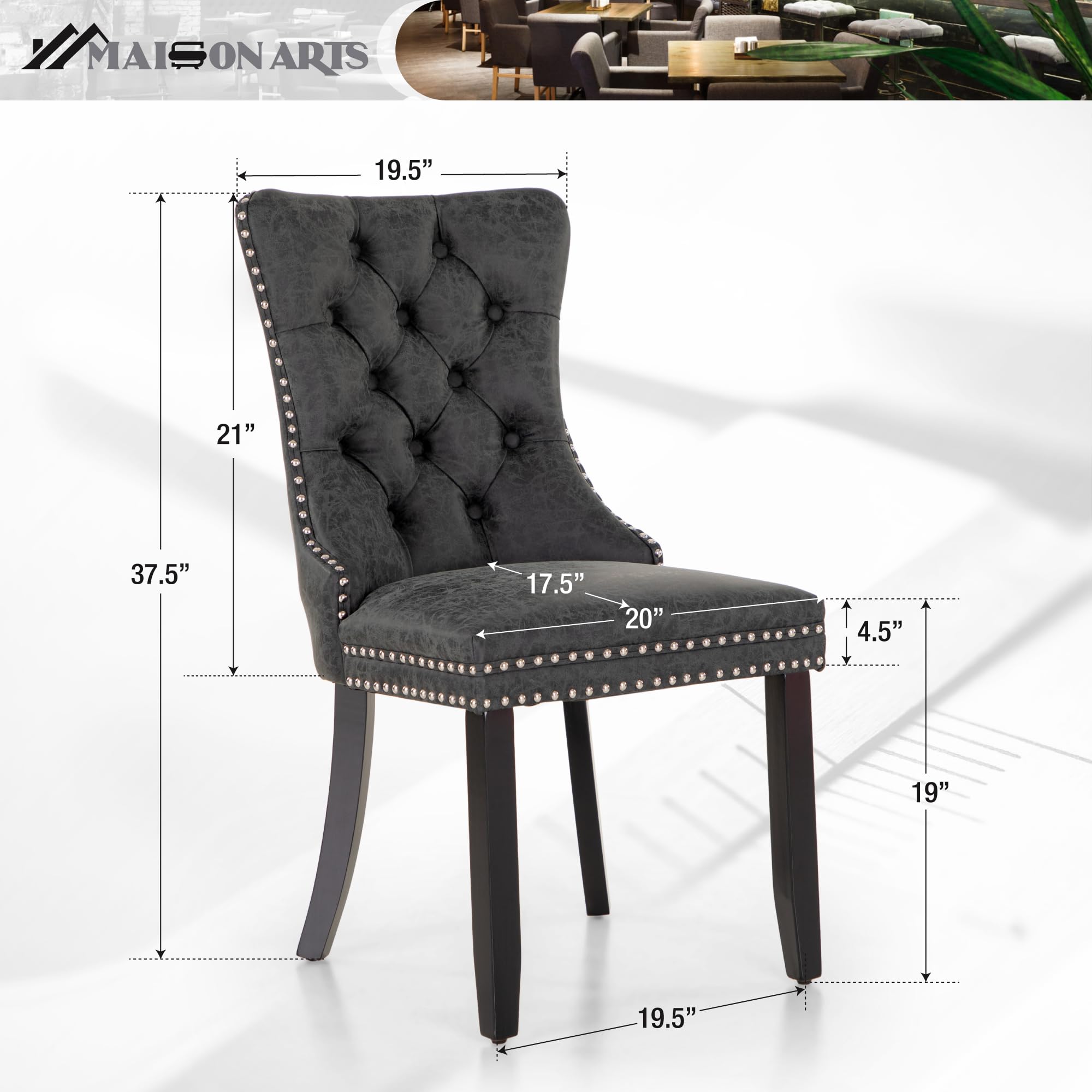 MAISON ARTS Faux Leather Dining Chairs Set of 6, Upholstered Tufted Dining Room Chair with Pull Ring Trim & Button Back Modern Diner Chairs Solid Wood Legs for Kitchen Dining Room, Black