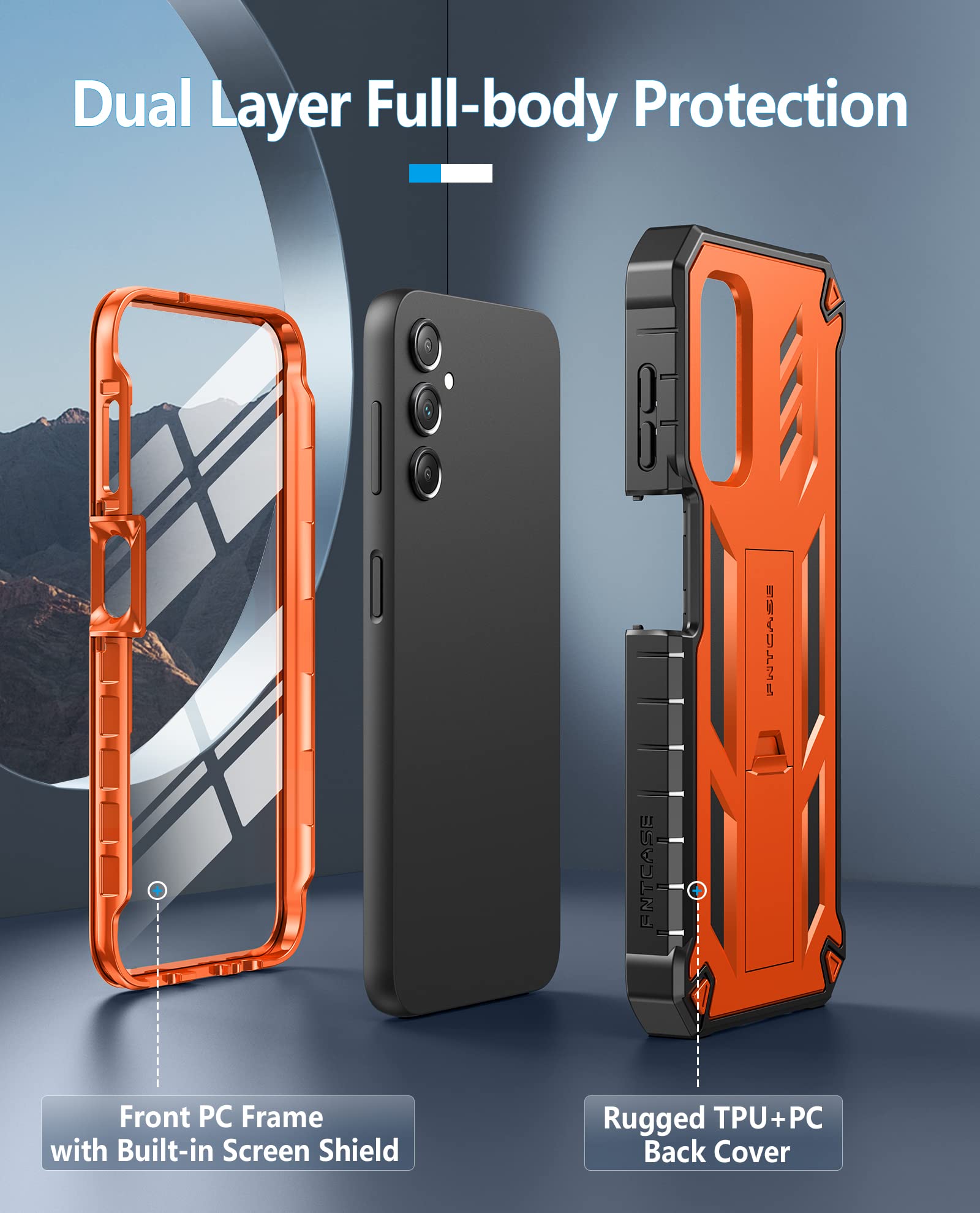 FNTCASE for Samsung Galaxy A14-5G Case: Dual-Layer Protective Textured Shockproof Rugged TPU Cover with Kickstand | Military Grade Drop Protection | Heavy Duty Cell Phone Protector - Orange