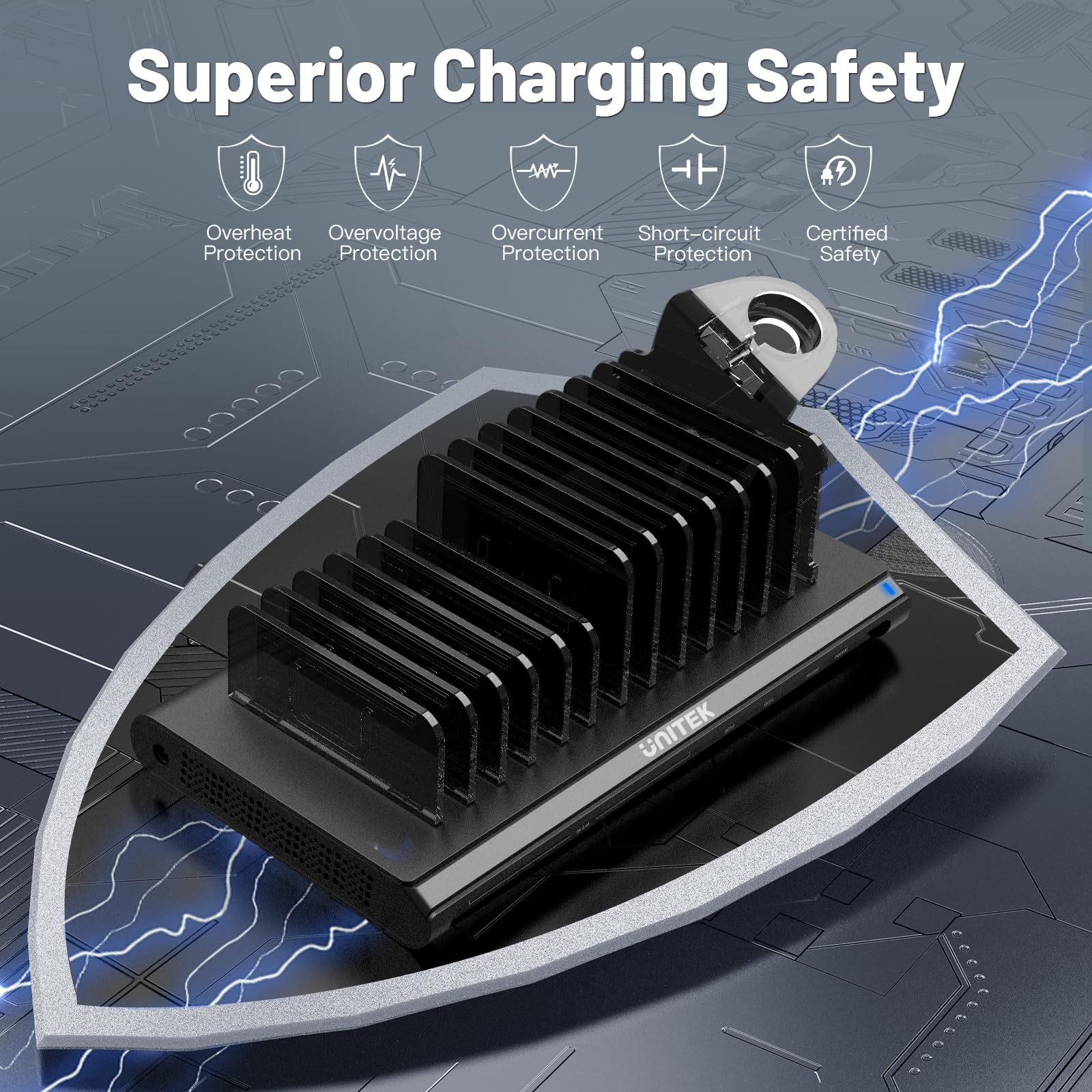 Multi USB Charging Station Unitek 96W 10 Ports Fast Charging Dock with 2 QC 3.0 & 2 PD 18W Charger Station Organizer for Multiple Devices Designed for iPad, iPhone, Tablet, iwatch, Laptop