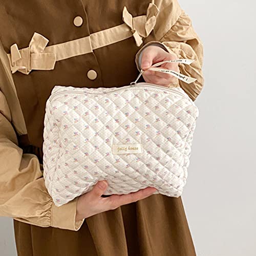 Lushandy Kawaii Floral Makeup Bag Coquette Aesthetic Cosmetic Bag Large Travel Makeup Organizer Cute Pouch Cotton Quilted Toiletry Bag