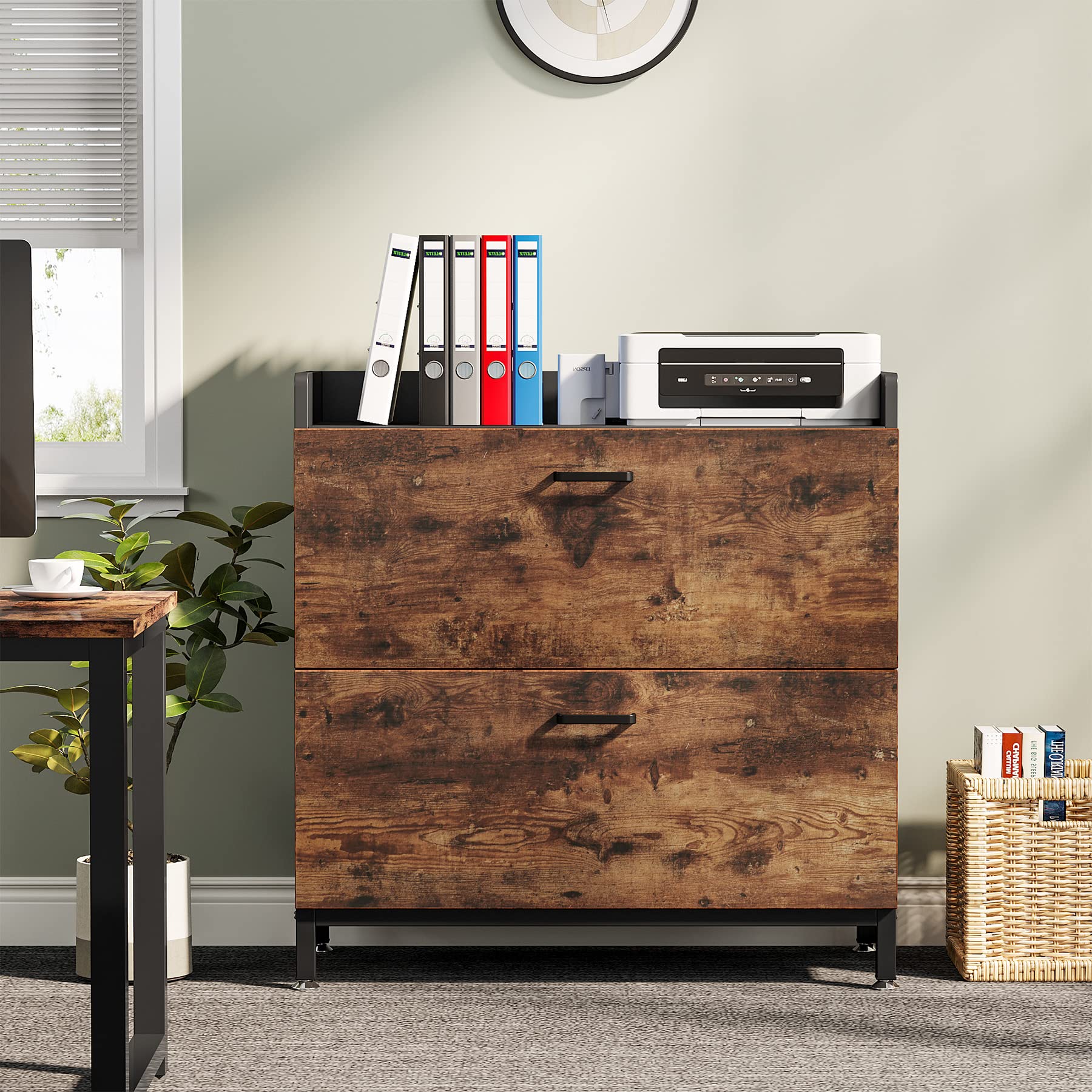 Tribesigns Lateral File Cabinets, 2 Drawer Filing Cabinets for Home Office, Industrial Wood Wide Filing Organization Storage Cabinets for Files Letter/Legal/F4/A4 Size(Rustic Brown)