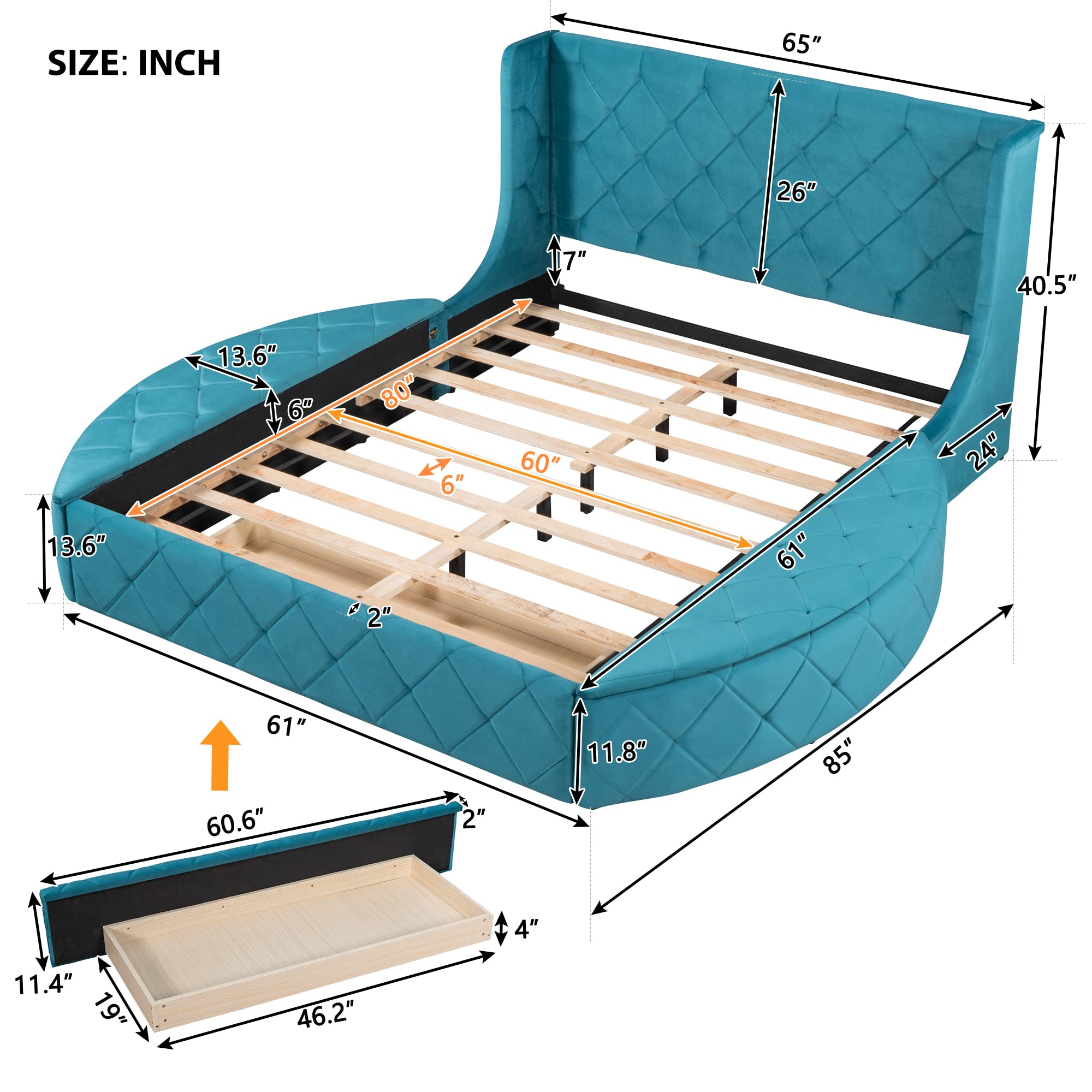 HomSof Upholstered Platform Bed Queen Size Storage Blue Velvet Bed with Wingback Headboard, 1 Big Drawer and 2 Side Storage Stool