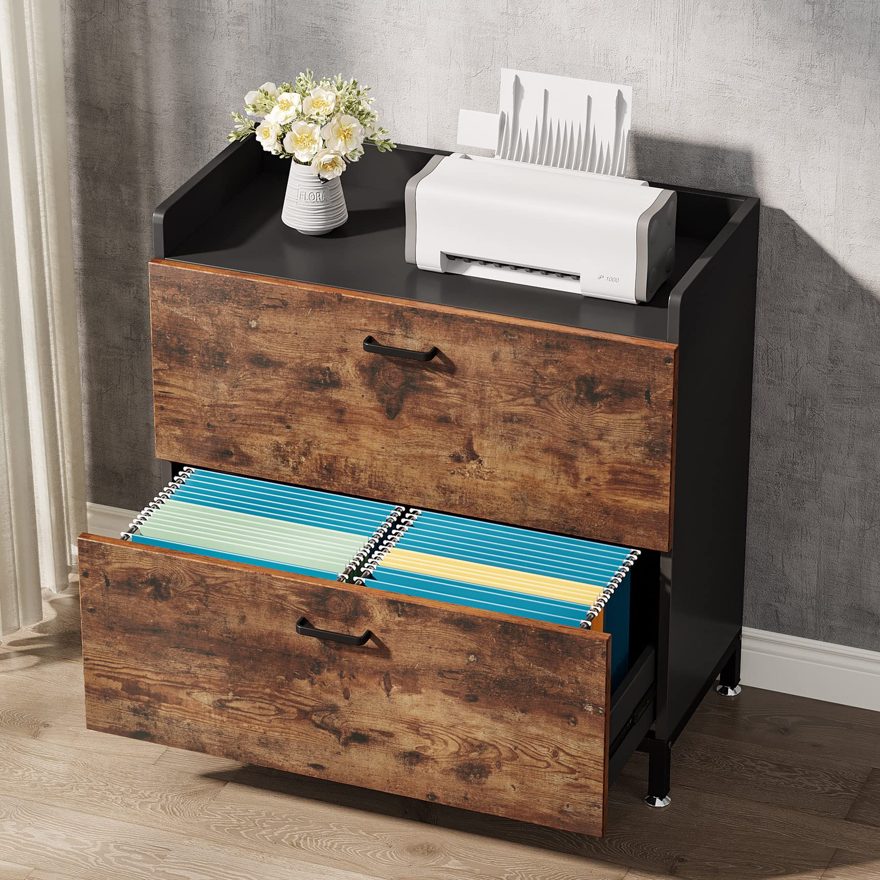 Tribesigns Lateral File Cabinets, 2 Drawer Filing Cabinets for Home Office, Industrial Wood Wide Filing Organization Storage Cabinets for Files Letter/Legal/F4/A4 Size(Rustic Brown)