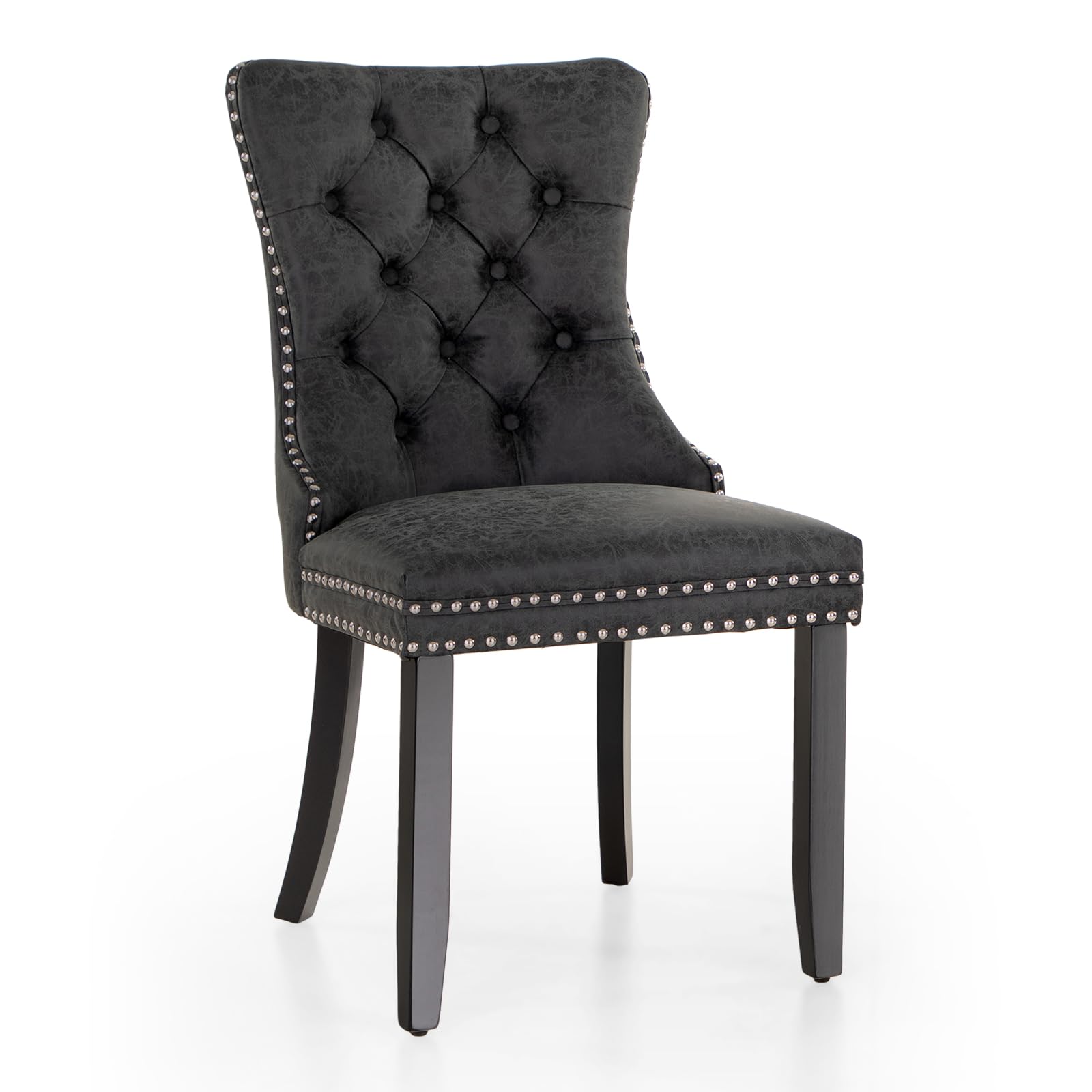 MAISON ARTS Faux Leather Dining Chairs Set of 6, Upholstered Tufted Dining Room Chair with Pull Ring Trim & Button Back Modern Diner Chairs Solid Wood Legs for Kitchen Dining Room, Black