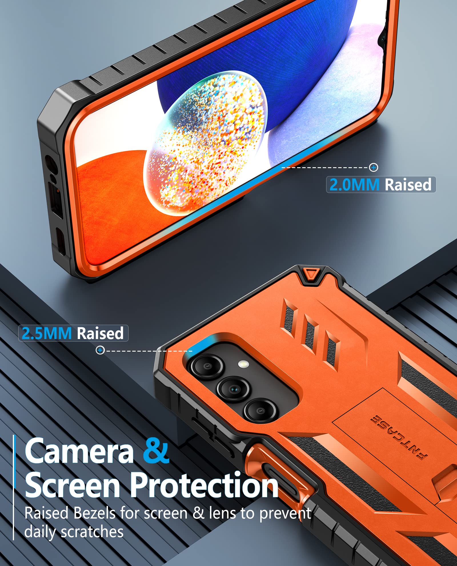 FNTCASE for Samsung Galaxy A14-5G Case: Dual-Layer Protective Textured Shockproof Rugged TPU Cover with Kickstand | Military Grade Drop Protection | Heavy Duty Cell Phone Protector - Orange
