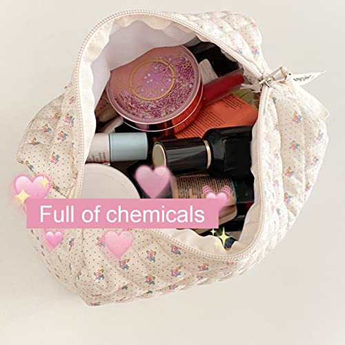Lushandy Kawaii Floral Makeup Bag Coquette Aesthetic Cosmetic Bag Large Travel Makeup Organizer Cute Pouch Cotton Quilted Toiletry Bag