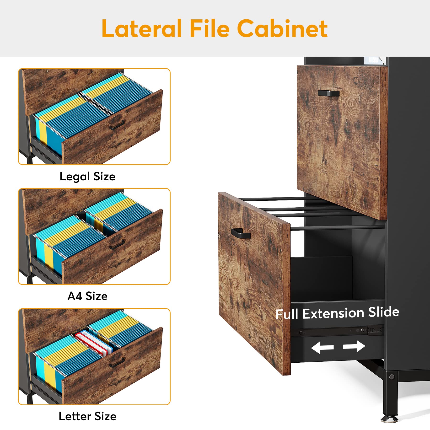 Tribesigns Lateral File Cabinets, 2 Drawer Filing Cabinets for Home Office, Industrial Wood Wide Filing Organization Storage Cabinets for Files Letter/Legal/F4/A4 Size(Rustic Brown)