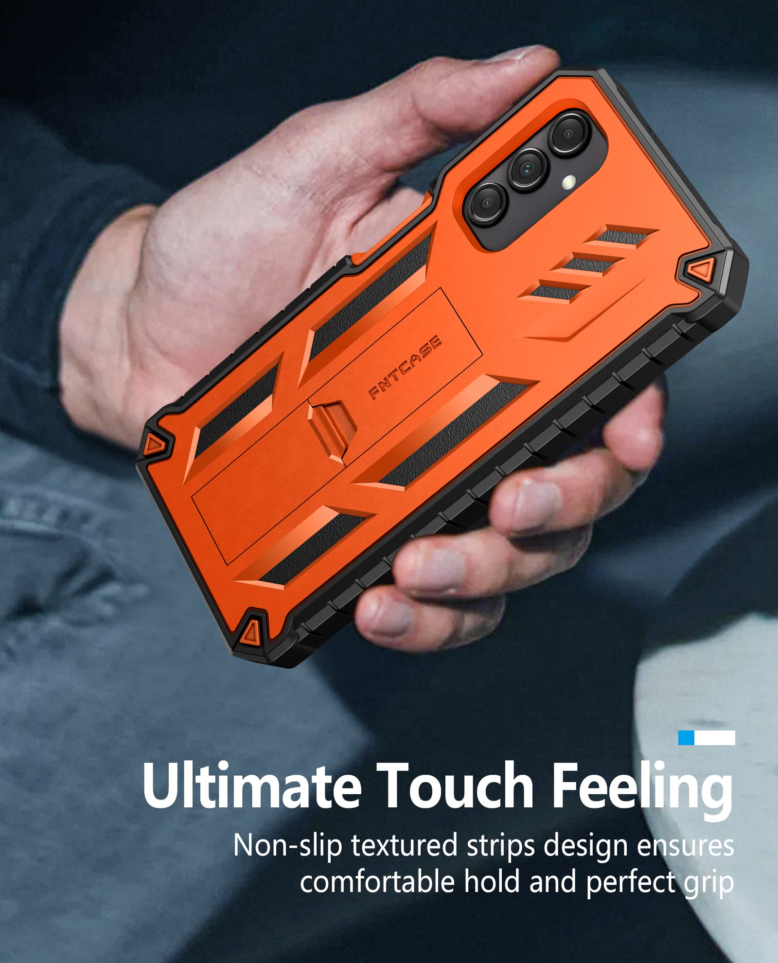 FNTCASE for Samsung Galaxy A14-5G Case: Dual-Layer Protective Textured Shockproof Rugged TPU Cover with Kickstand | Military Grade Drop Protection | Heavy Duty Cell Phone Protector - Orange